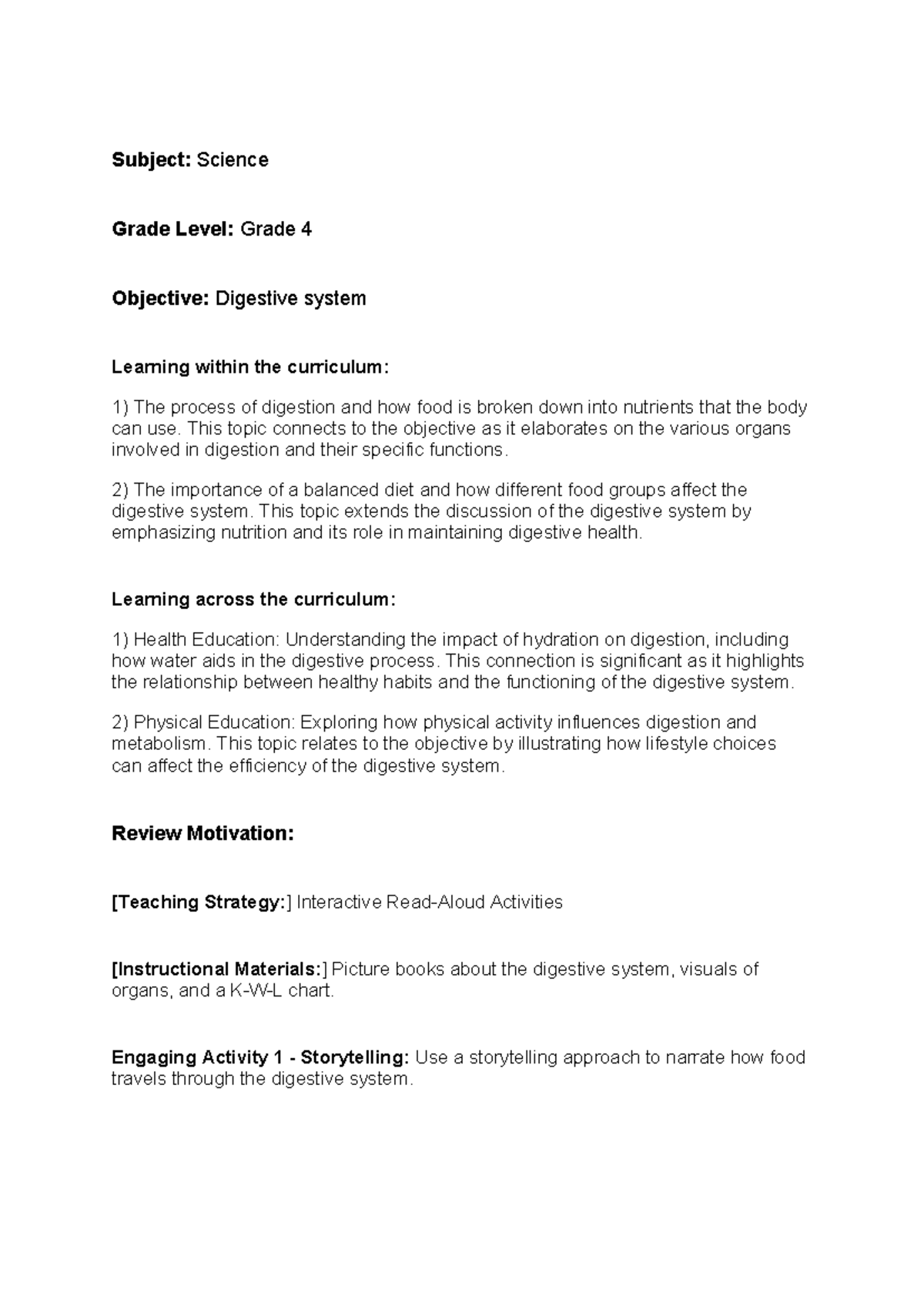 Science Lesson Plan on the Digestive System for Grade 4 Students - Studocu