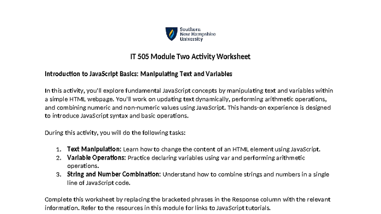 IT 505 Module Two Activity Worksheet - IT 505 Module Two Activity ...
