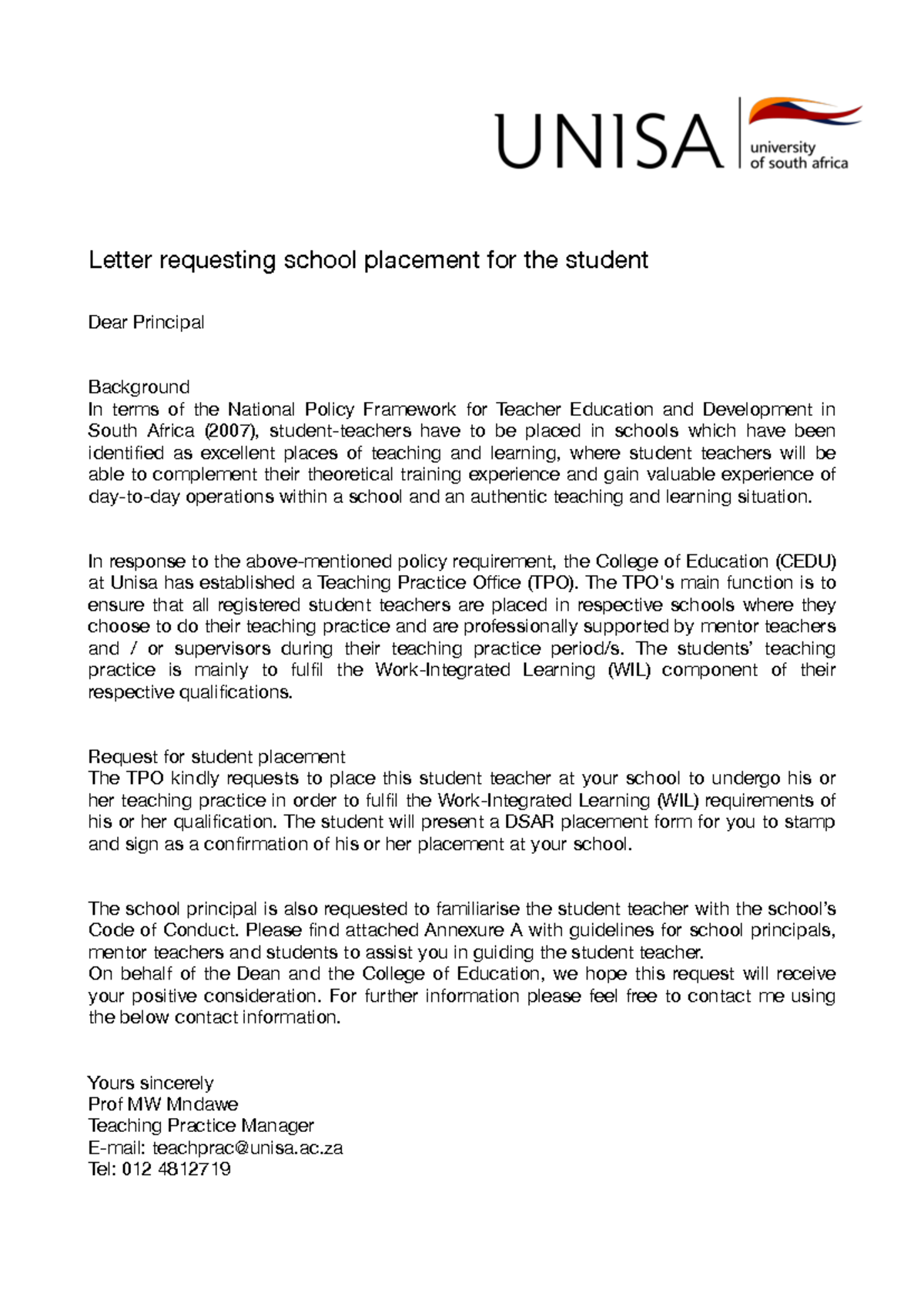 UNISA Teaching Practice Placement Request Letter for Student Teacher ...