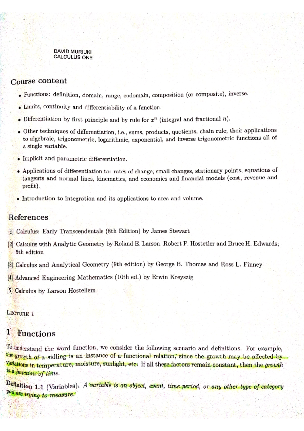 Lecture 1 - Calculus notes for study - DAVID MURIUKI CALCULUS ONE ...