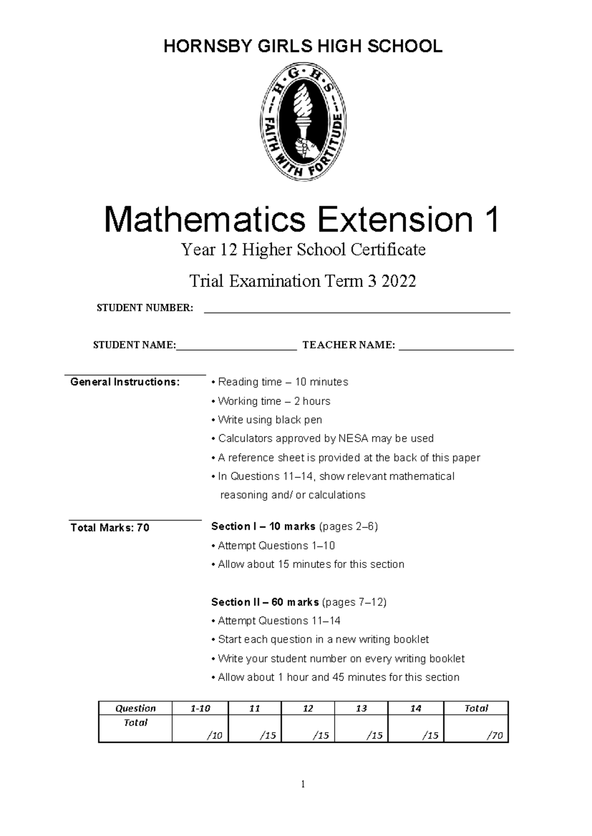 Hornsby Girls High School Year 12 Mathematics Extension 1 HSC Trial ...