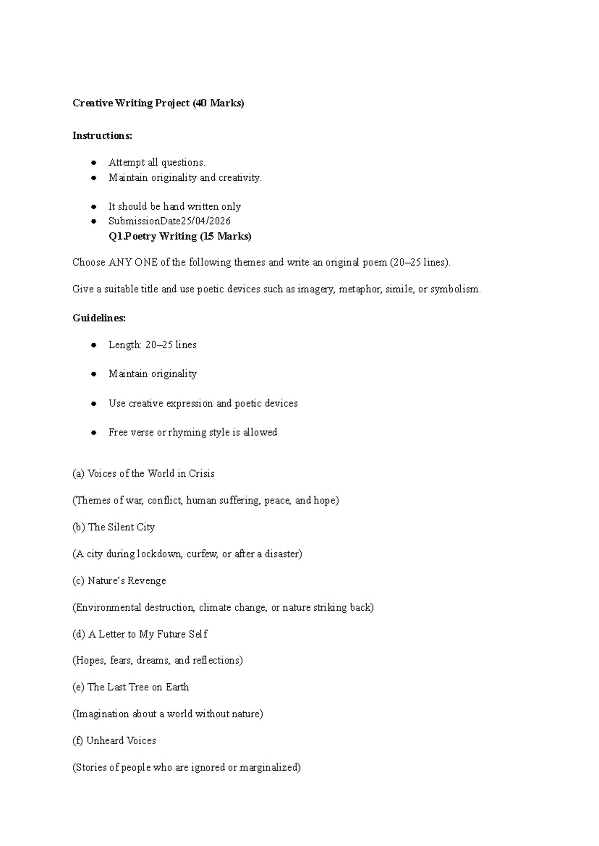 Creative Writing Project (40 Marks): Poetry & Expression Guide - Studocu