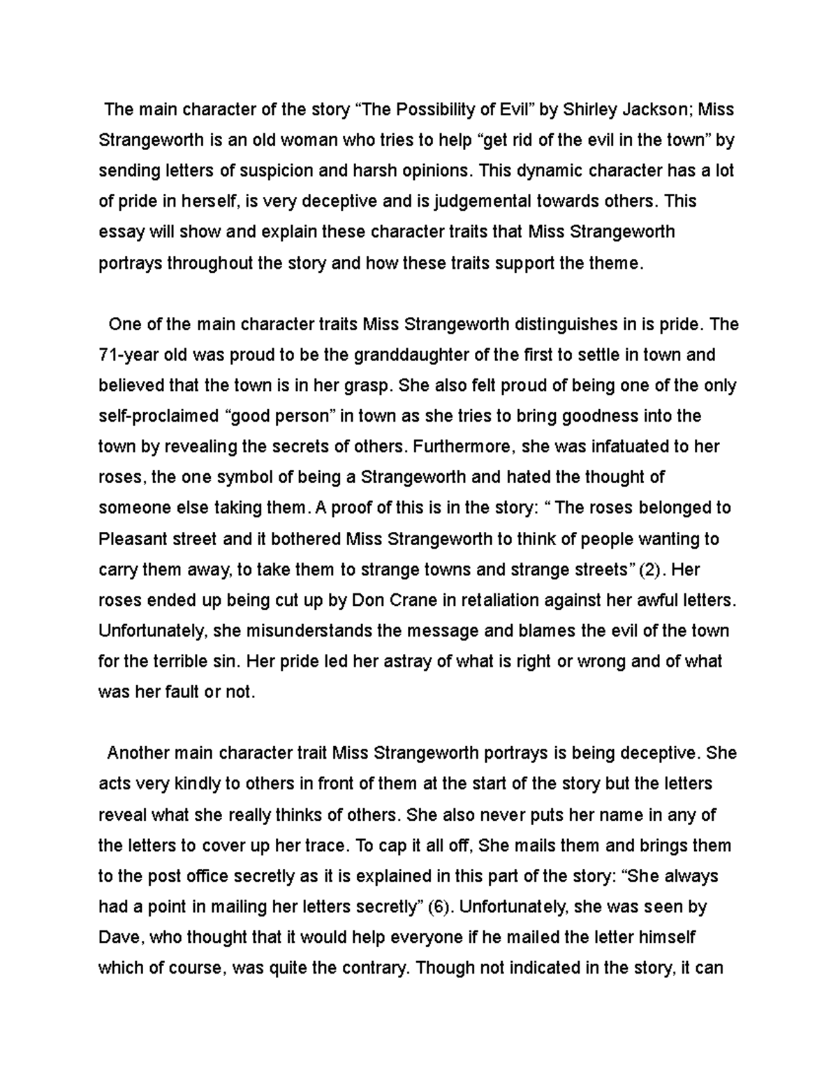 The possibility of Evil essay - The main character of the story “The ...