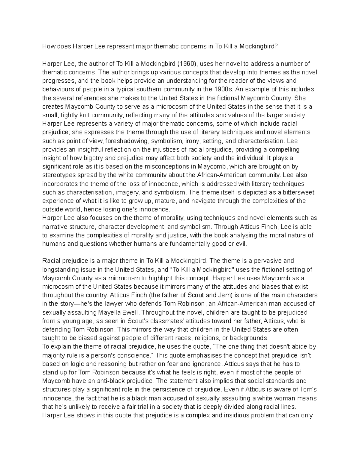 ENG 101: Analyzing Major Themes in "To Kill a Mockingbird" Essay - Studocu