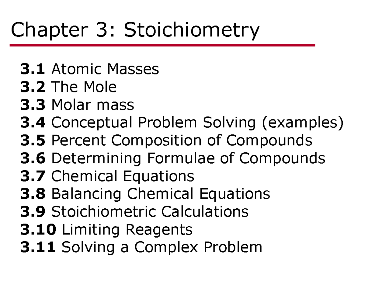 Chapter 3: Stoichiometry - Atomic Mass, Moles, and Chemical Equations ...