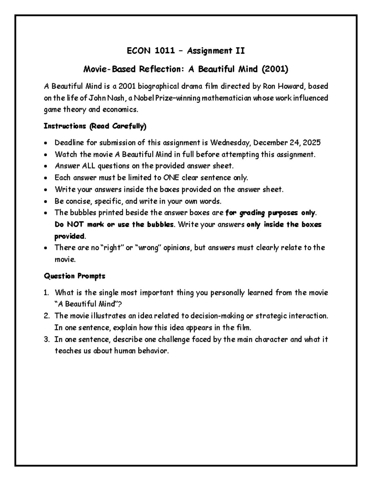 ECON 1011 Assignment II Reflection on "A Beautiful Mind" (2001) - Studocu