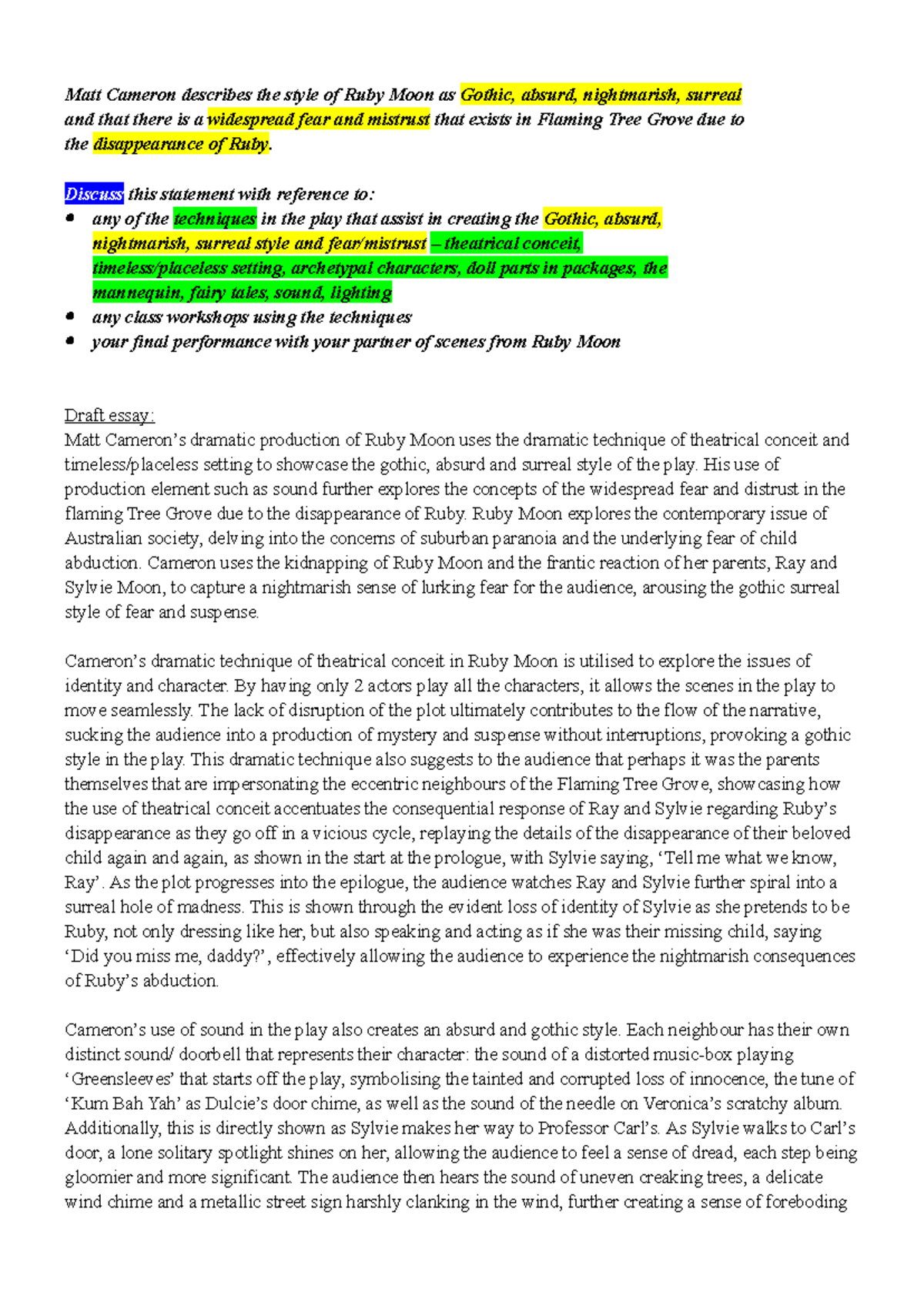 Drama Essay: Techniques in Matt Cameron's "Ruby Moon" (ENG101) - Studocu