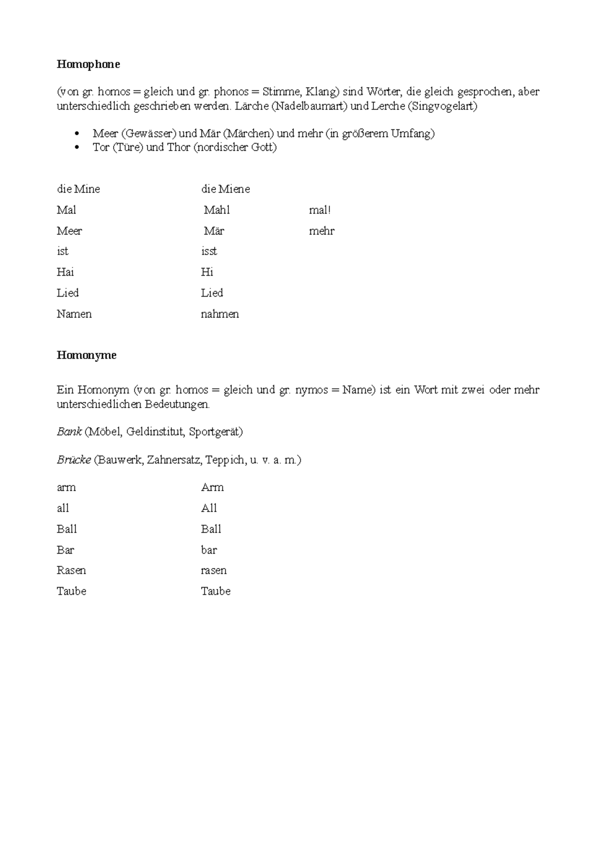Homophone, Homonyme Beispiele - Homophone (von gr. homos = gleich und ...
