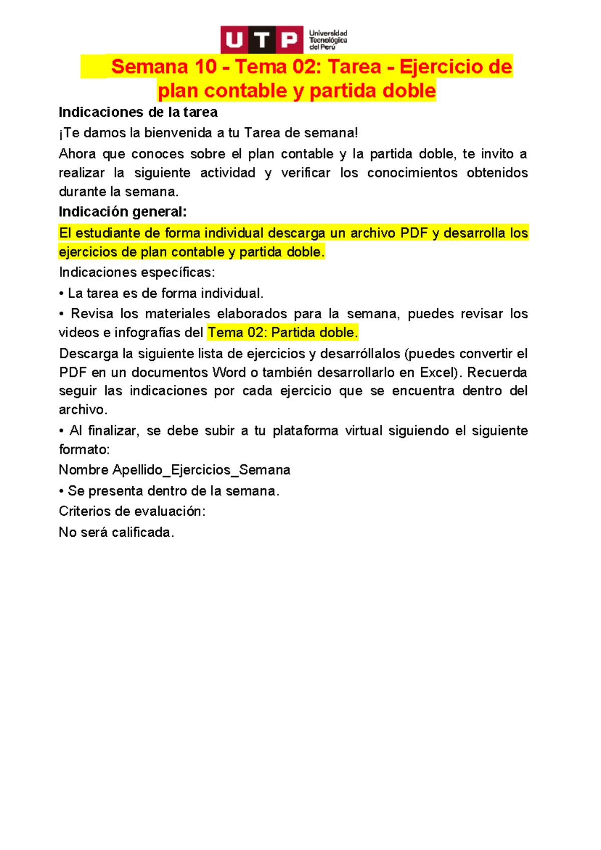 Semana 10 - Tema 02: Tarea de Ejercicios sobre Plan Contable y Partida Doble - Studocu