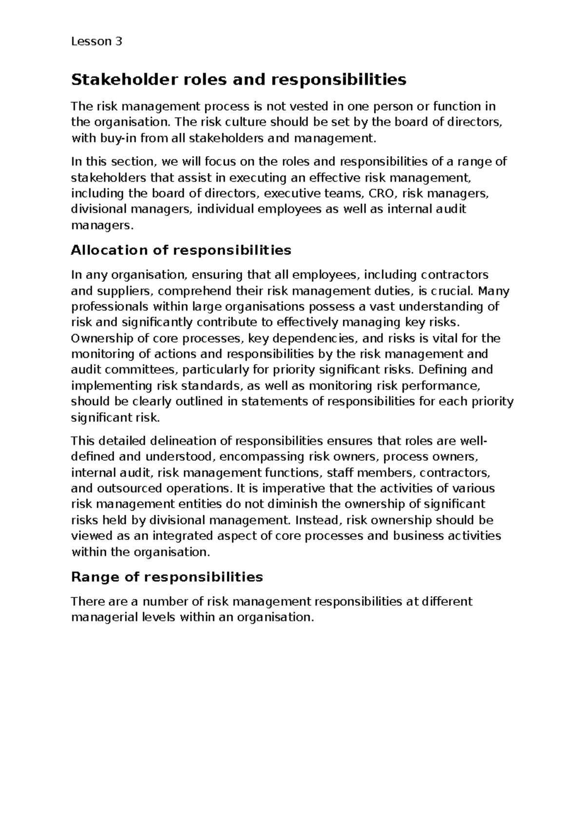 Lesson 3: Stakeholder Roles in Risk Management Process - Studocu