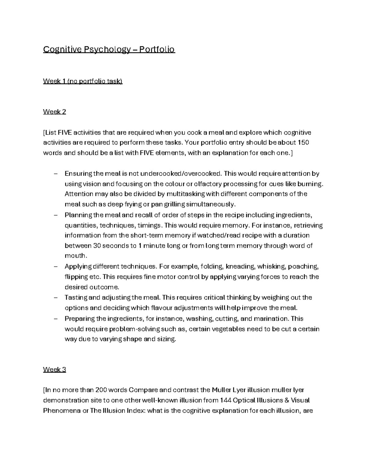 Cognitive Psychology Portfolio: Weekly Reflections and Activities - Studocu