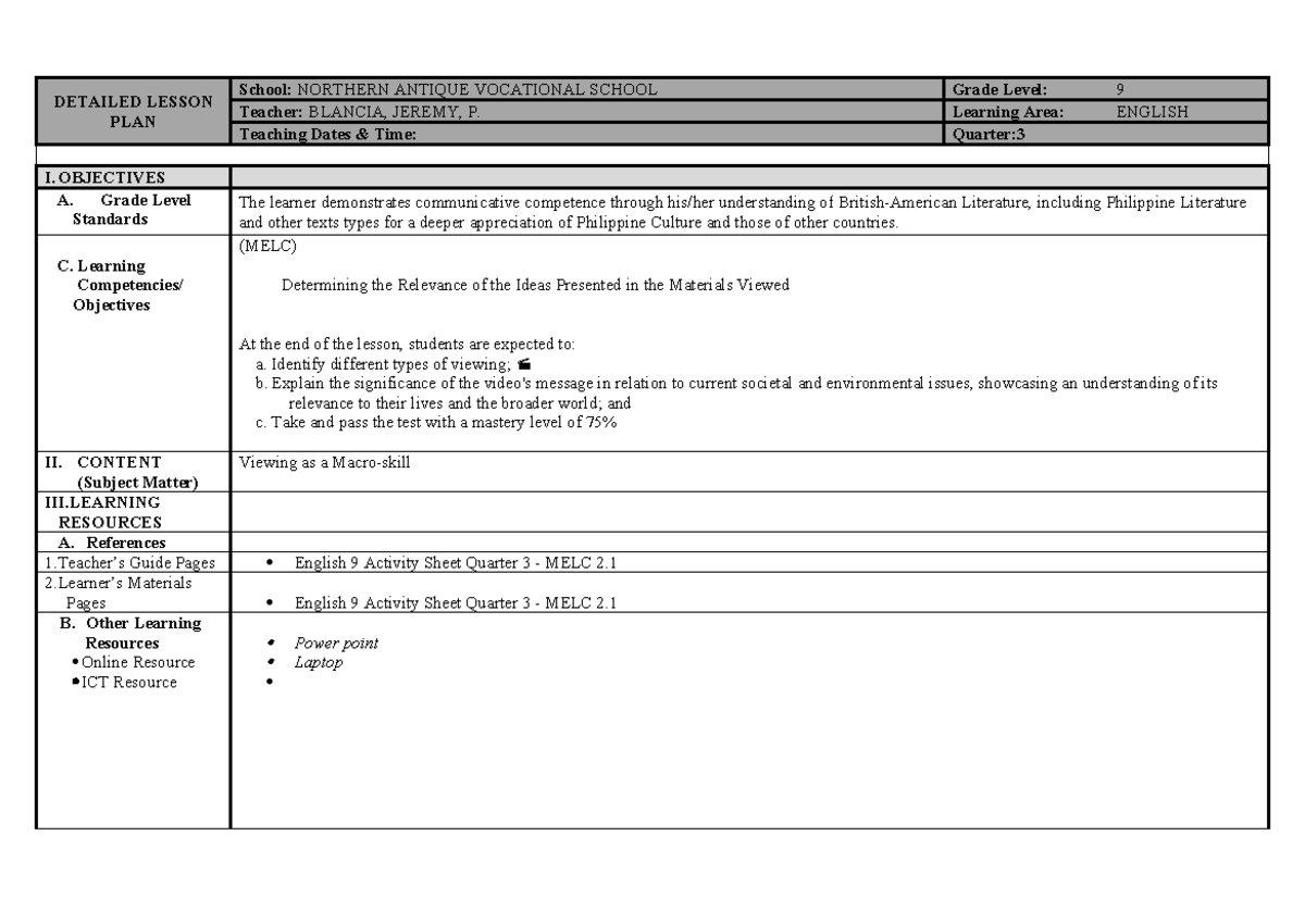 MELC 2.1 (Day 1) - it is detailed lesson plan about determining the ...