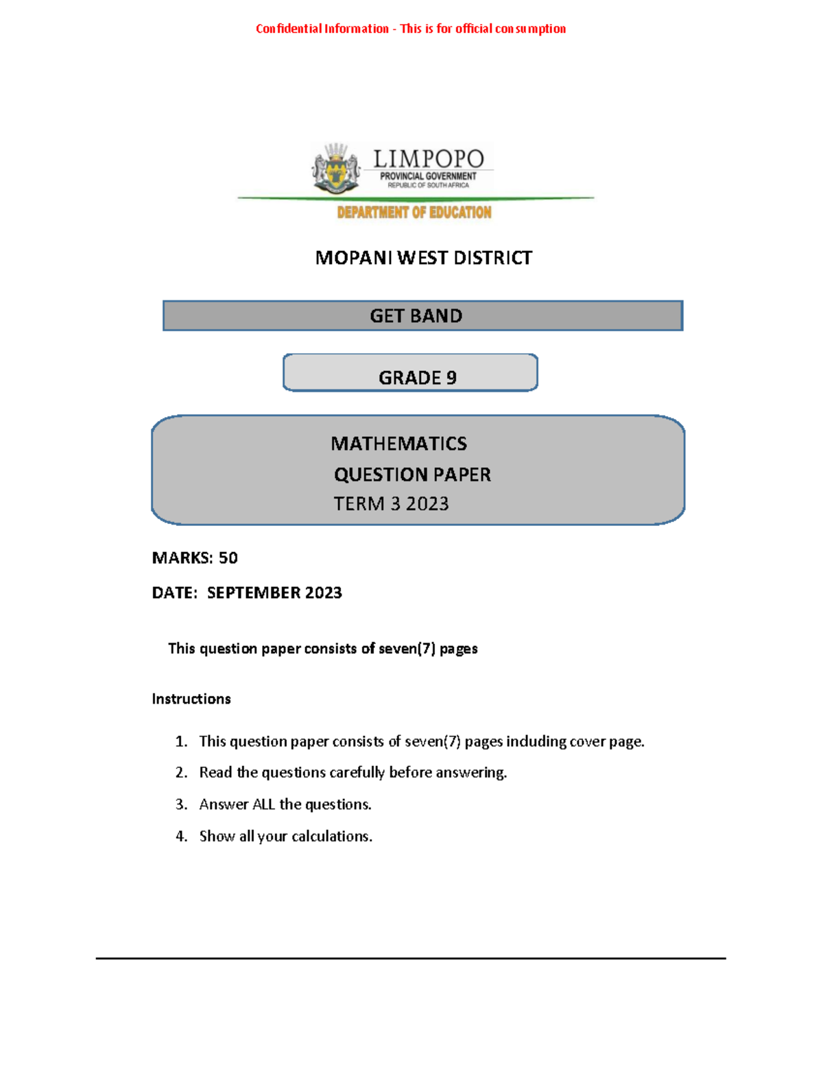 2023 GR 9 MATH QP Term 3 September - Question Paper - Studocu