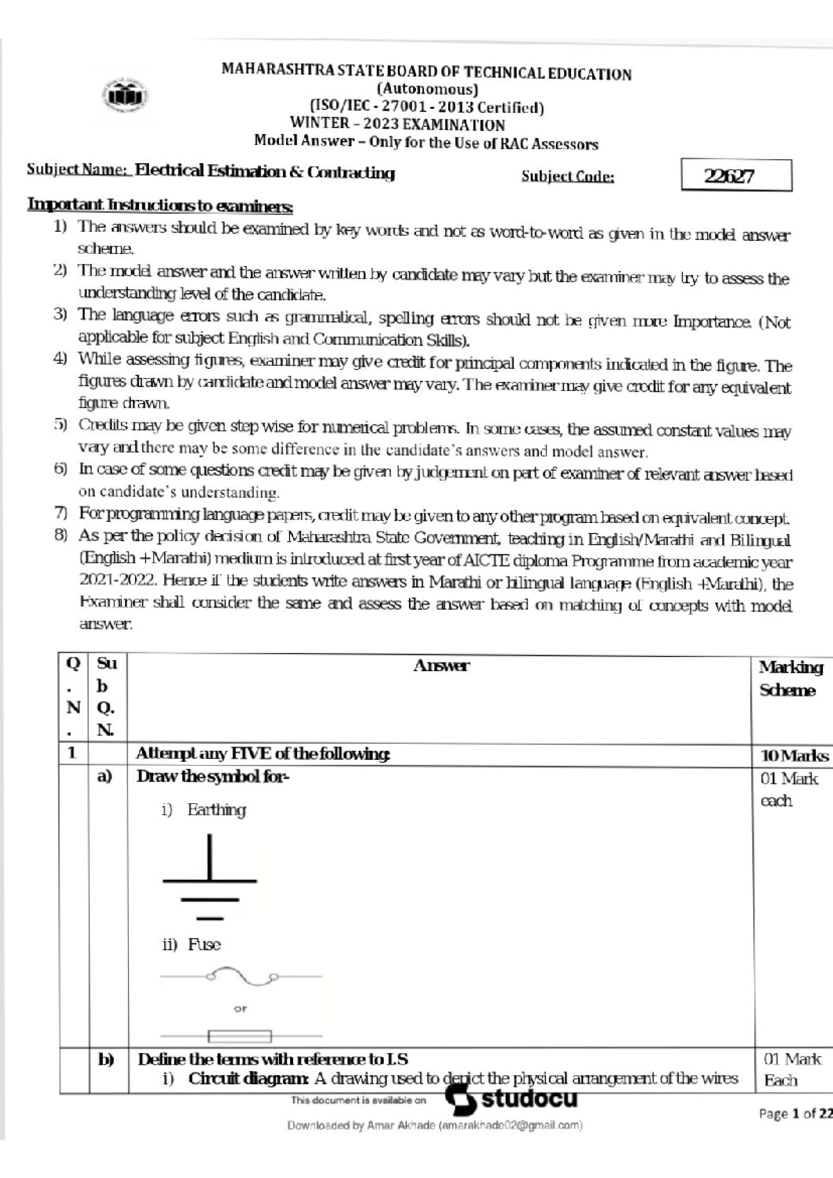 EEC 22627 - Winter 2023 Model Answers for Electrical Estimation ...