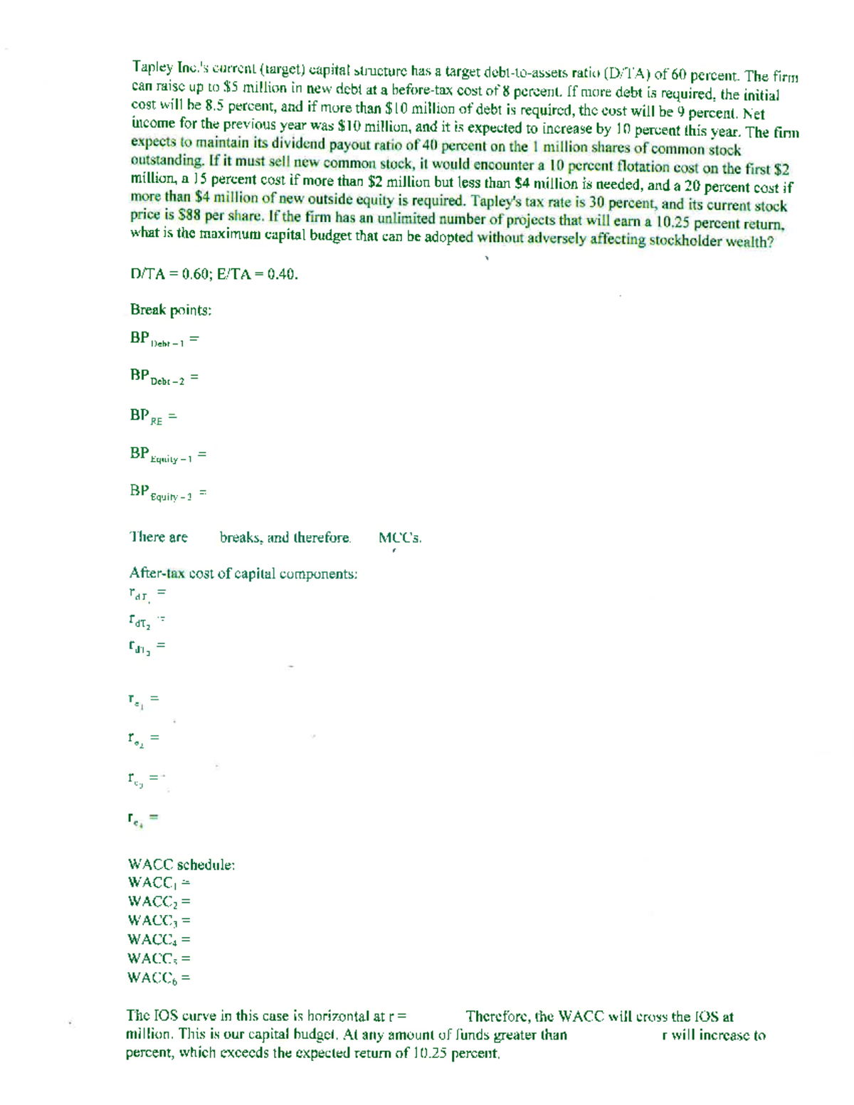 Capital Budget Analysis for Tapley Firm: Target Structure & Costs - Studocu