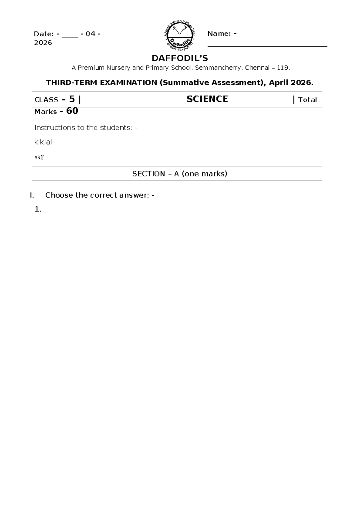 Class - 3 Science Third-MID TERM Question Paper - Computer science ...