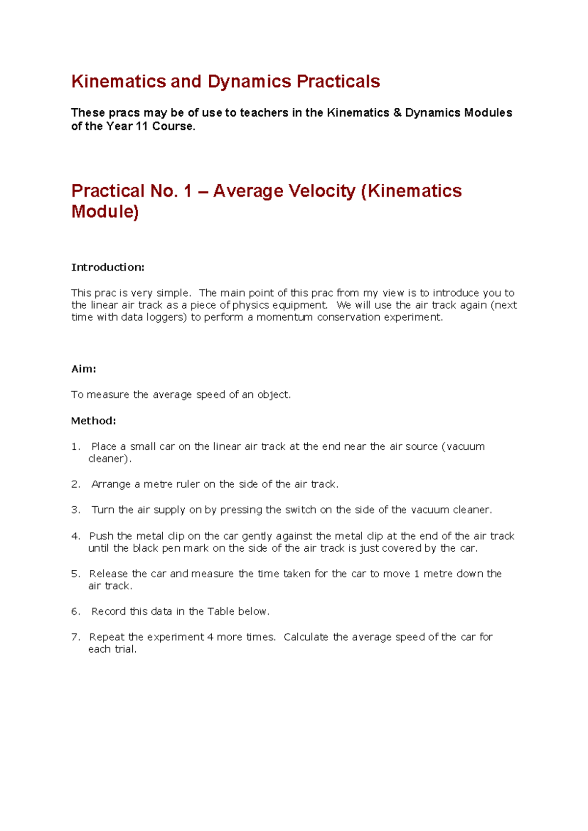 Kinematics & Dynamics Practicals for Year 11 Course - Studocu