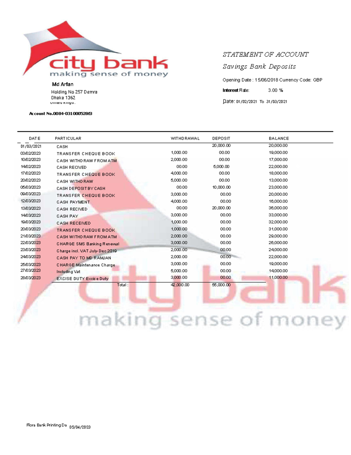 City Bank Statement: Savings Account Overview MST KULS - Studocu