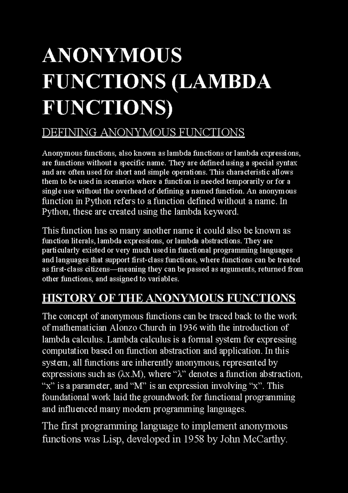 Anonymous Functions (Lambda Functions) in Python: Overview & Examples - Studocu