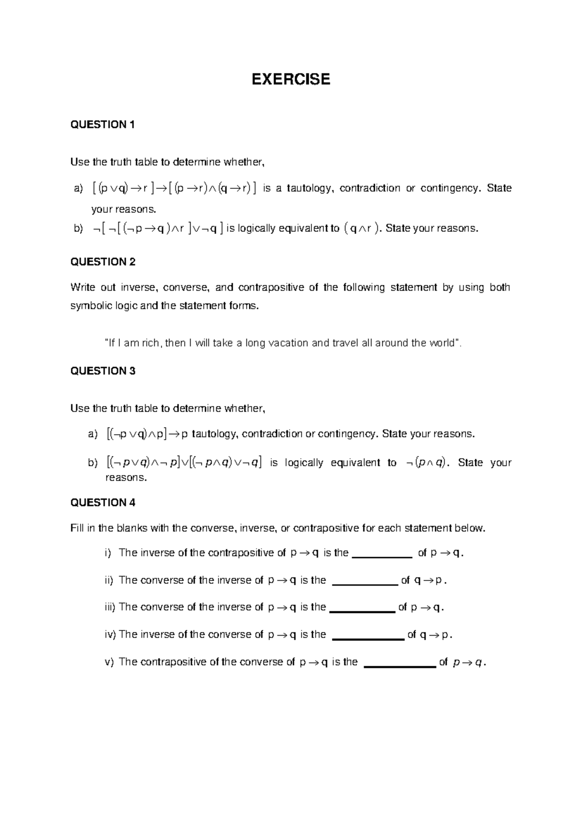 Logic Exercise: Evaluating Logical Equivalence & Truth Tables - Studocu