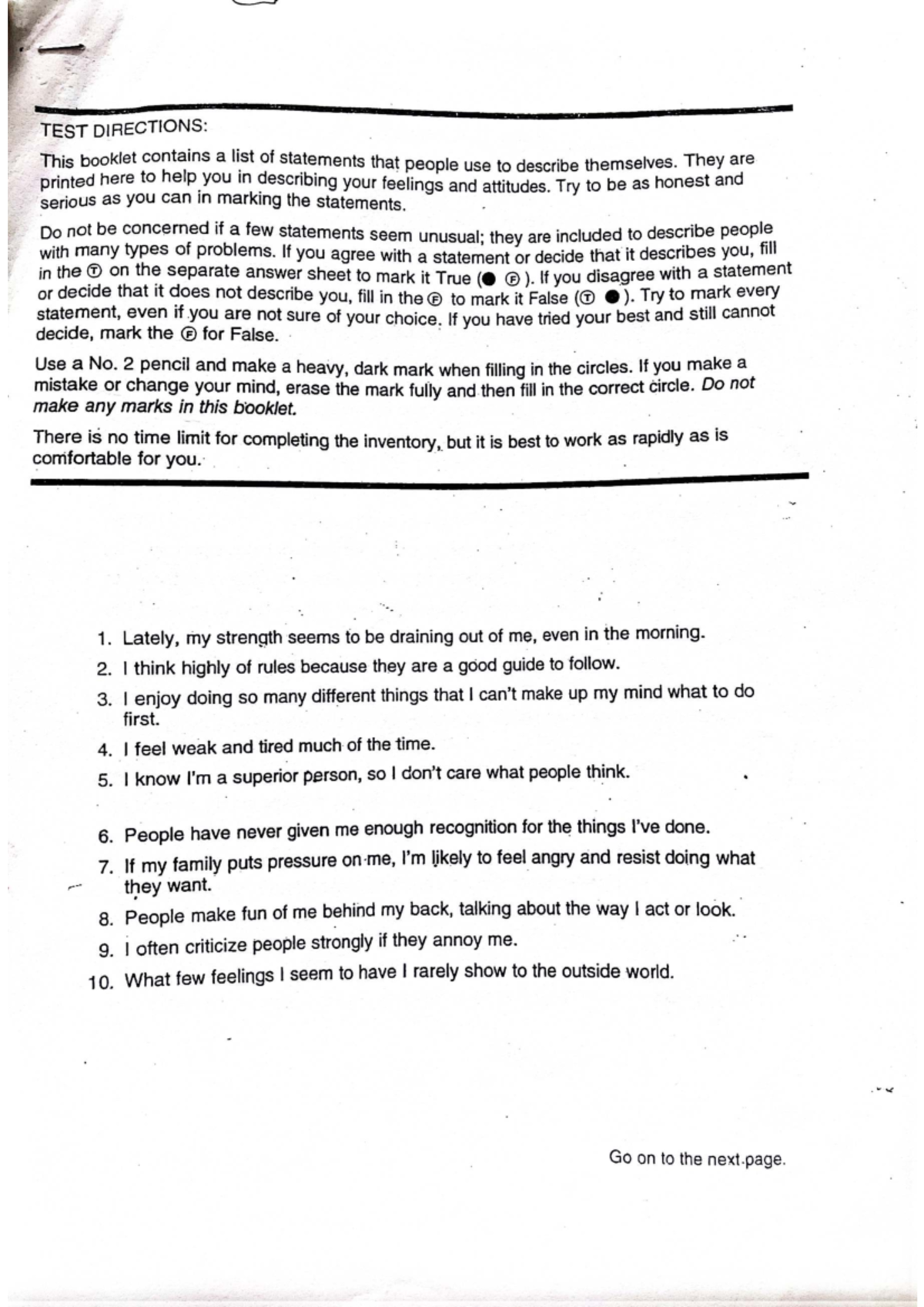 MCMI Questionnaire: Self-Descriptive Statements Inventory - Studocu
