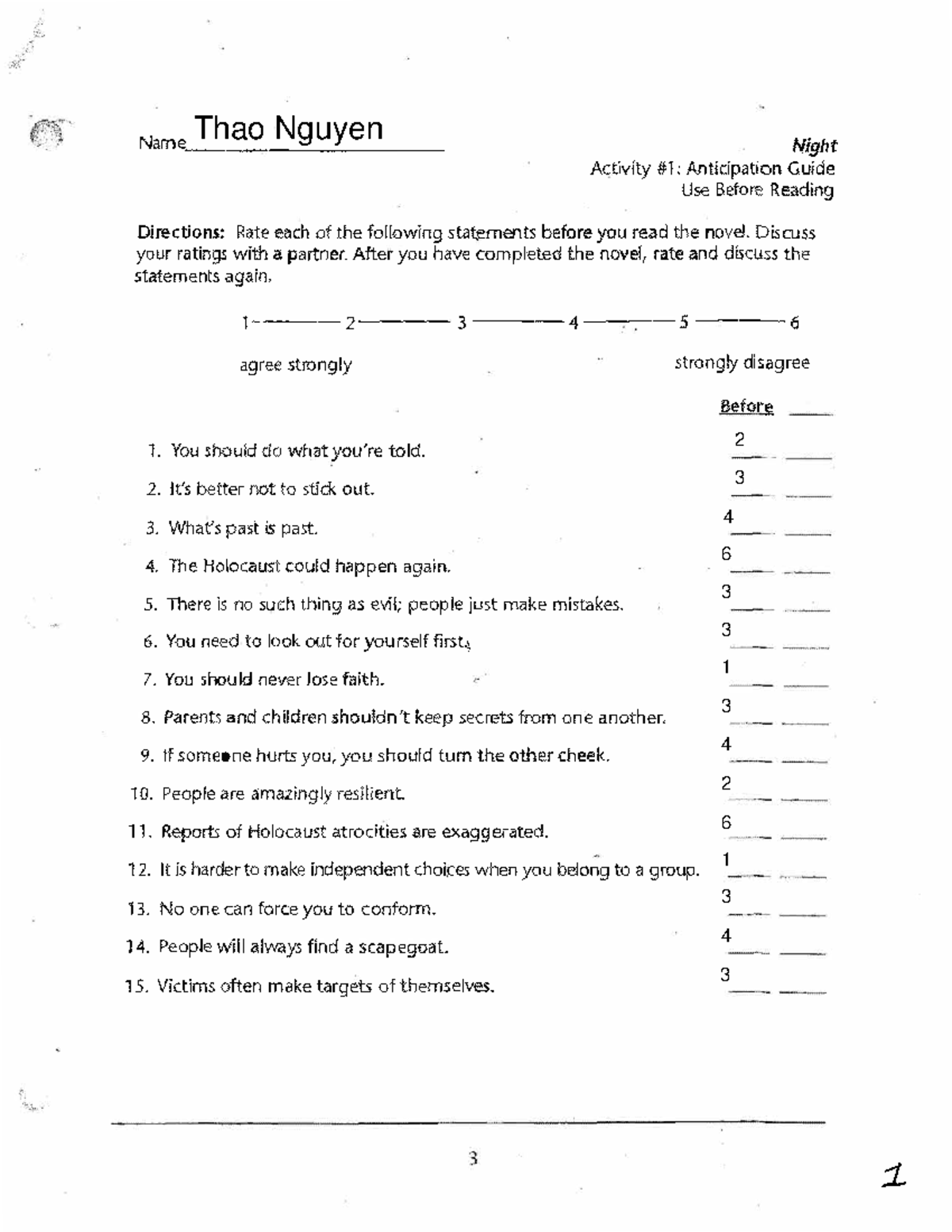 Night Anticipation Guide: Pre-reading Discussion & Reflection ...
