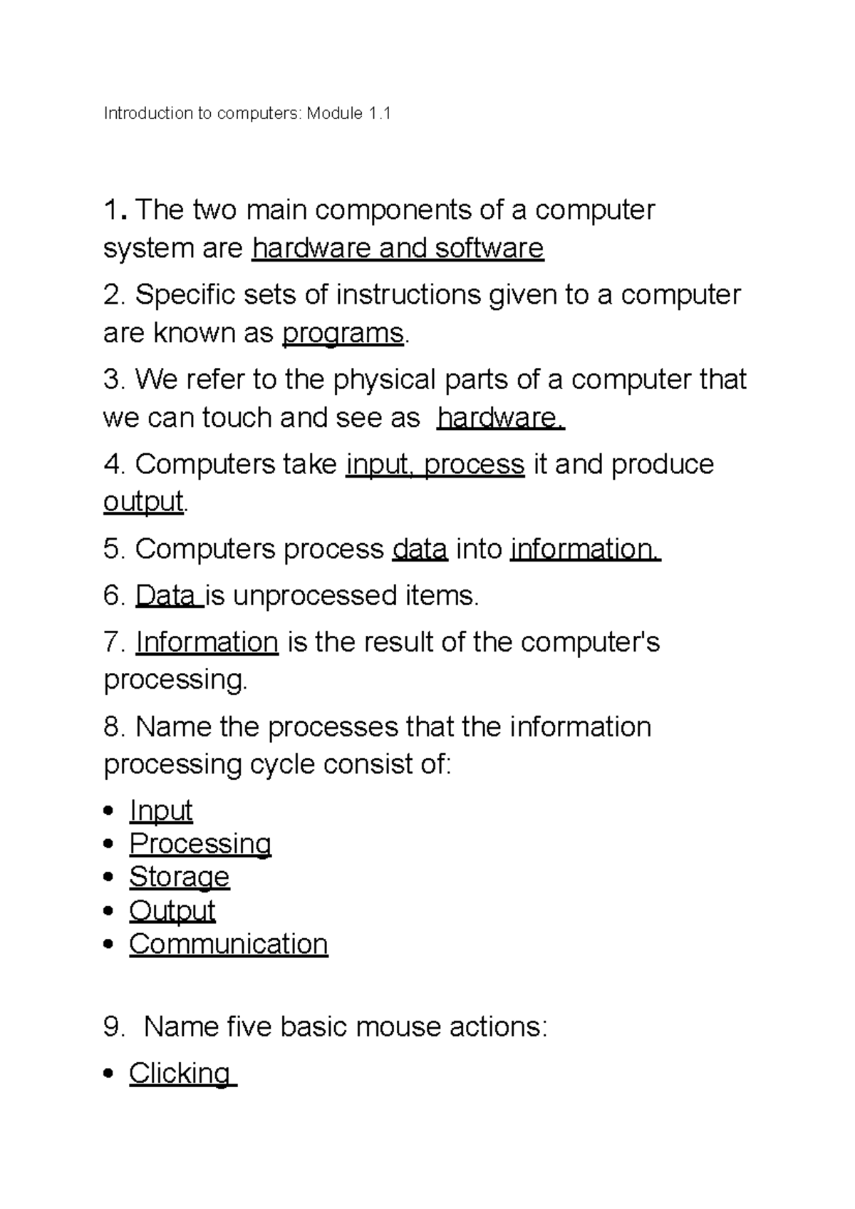 1.1 - Intro to Computers: Hardware, Software & Functions Overview - Studocu