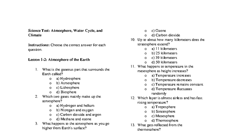Science Test: Atmosphere, Water Cycle, and Climate (SCI101) - Studocu