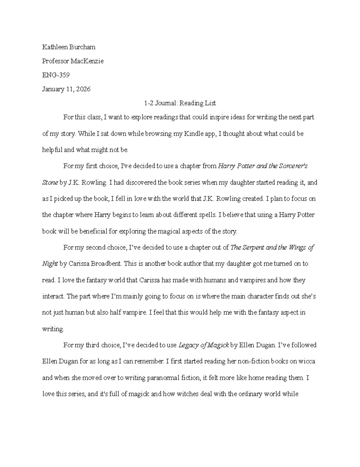 1-2 Journal: Reading List for Writing Inspiration - Studocu