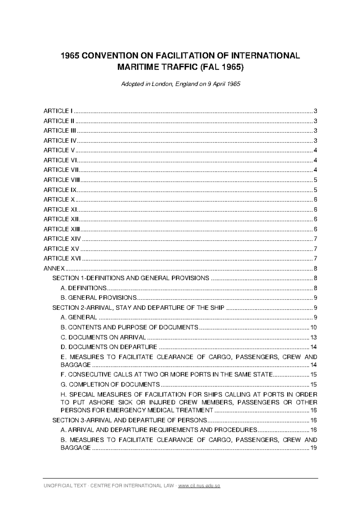 1965 FAL Convention on International Maritime Traffic: Full Text and ...
