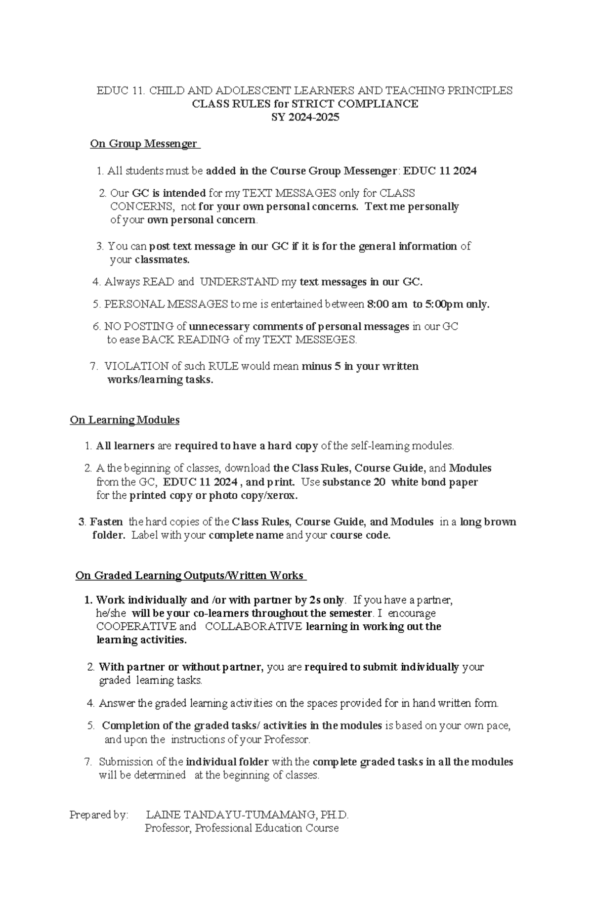 EDUC 11 Class Rules and Guidelines for S.Y. 2024-2025 - Studocu