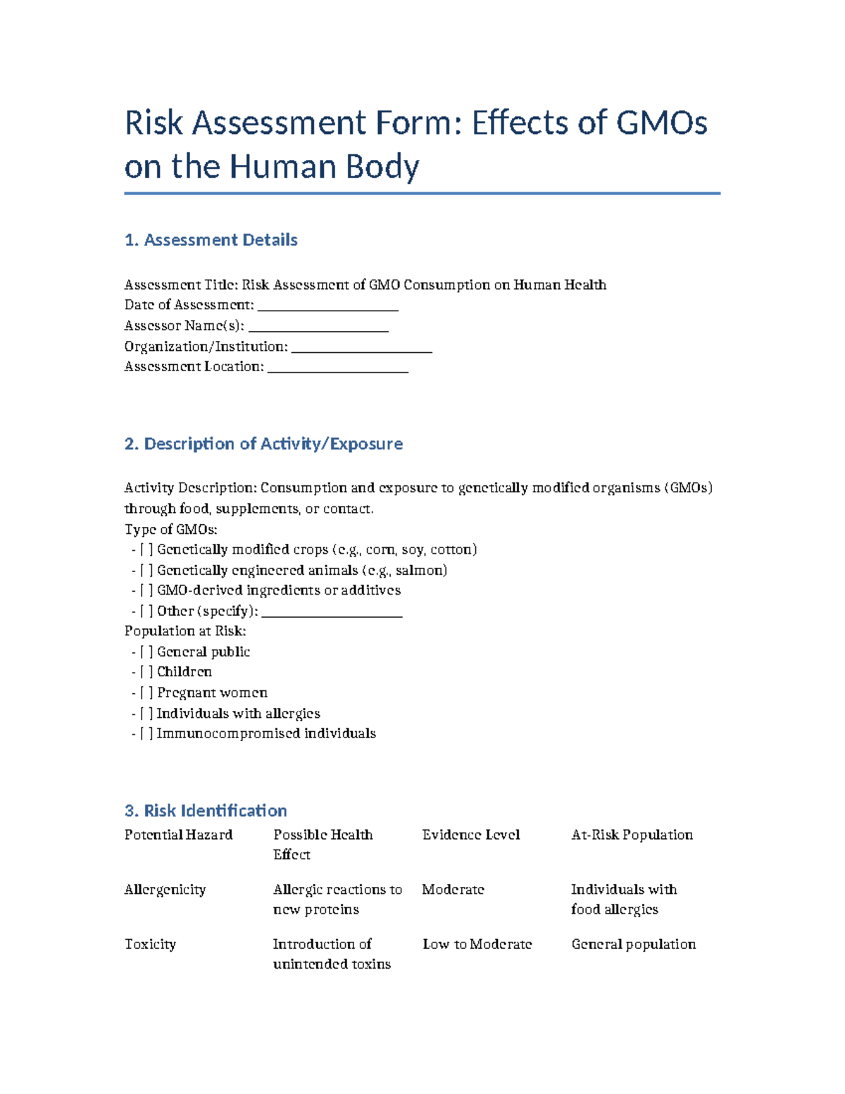 Risk Assessment Form: Impact of GMOs on Human Health (GMO 101) - Studocu