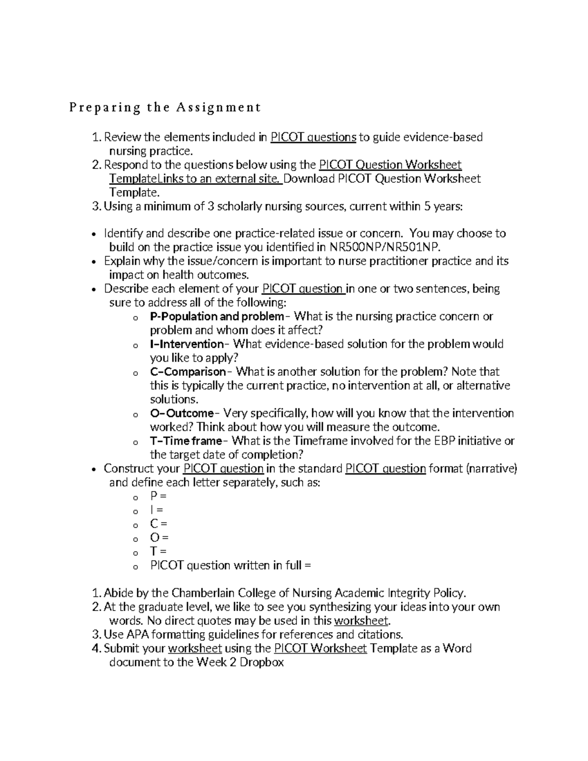 PICOT Worksheet Assignment for NR500NP: Evidence-Based Nursing Practice ...
