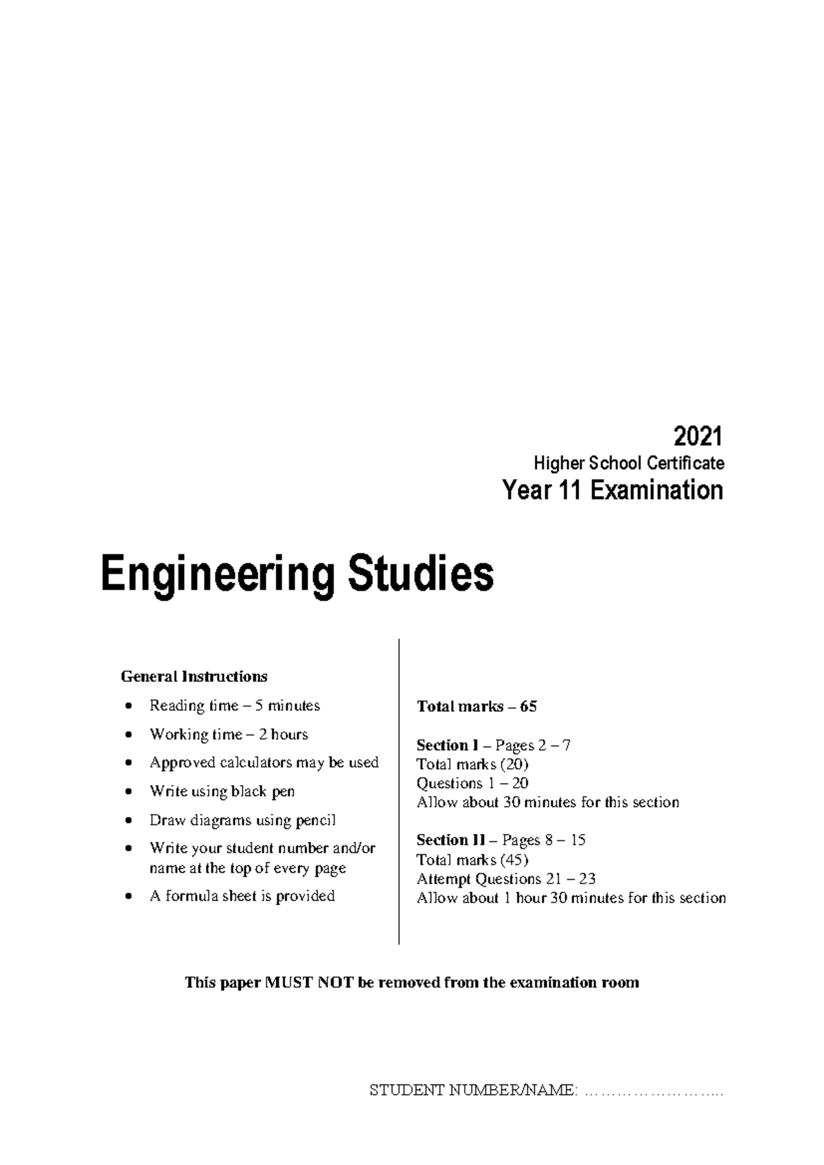 2021 Engineering Studies Year 11 Yearly Exam Instructions & Questions ...