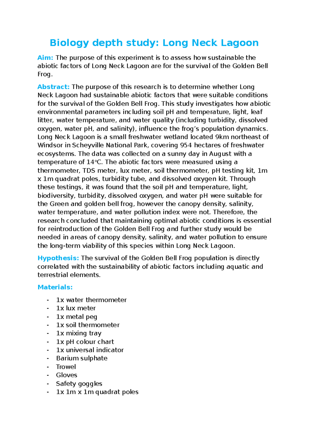 Biology - study - Biology depth study: Long Neck Lagoon Aim: The ...