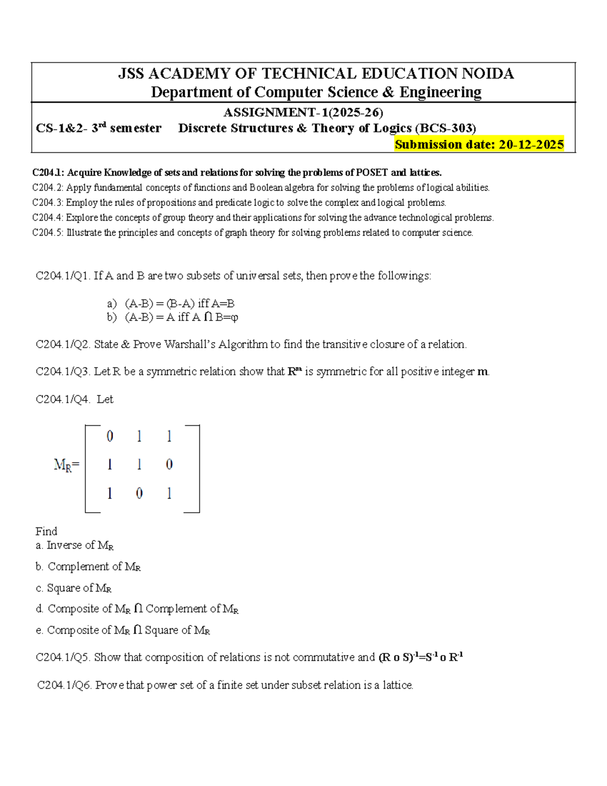 C204 Discrete Structures Assignment-1: Logic & Set Theory Concepts ...