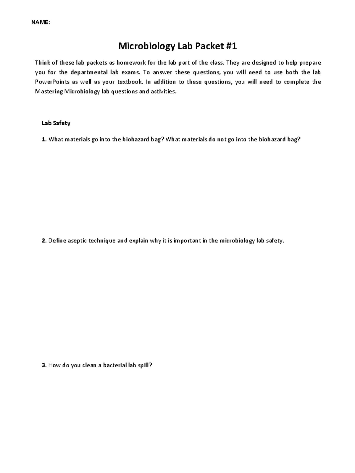 Micro Lab Packet 1 - Spring 2024 - NAME: Microbiology Lab Packet Think ...