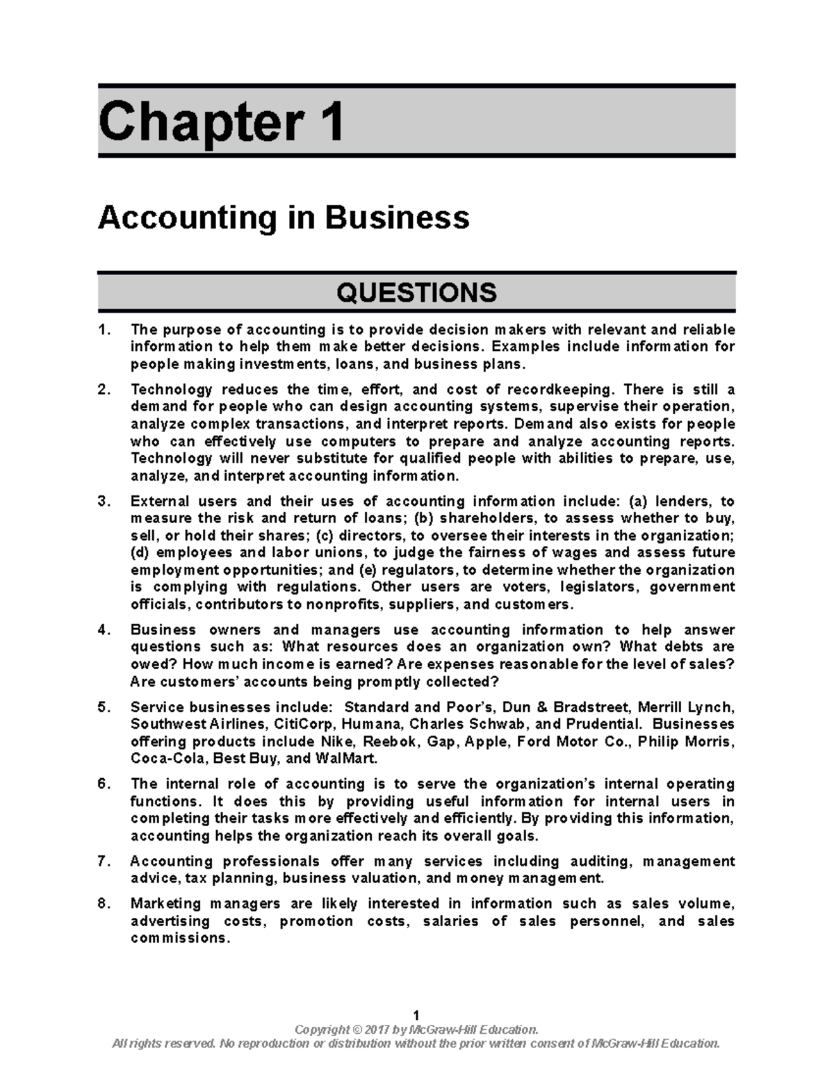 Answer Key for Accounting 101: Chapter 1 Overview & Questions - Studocu