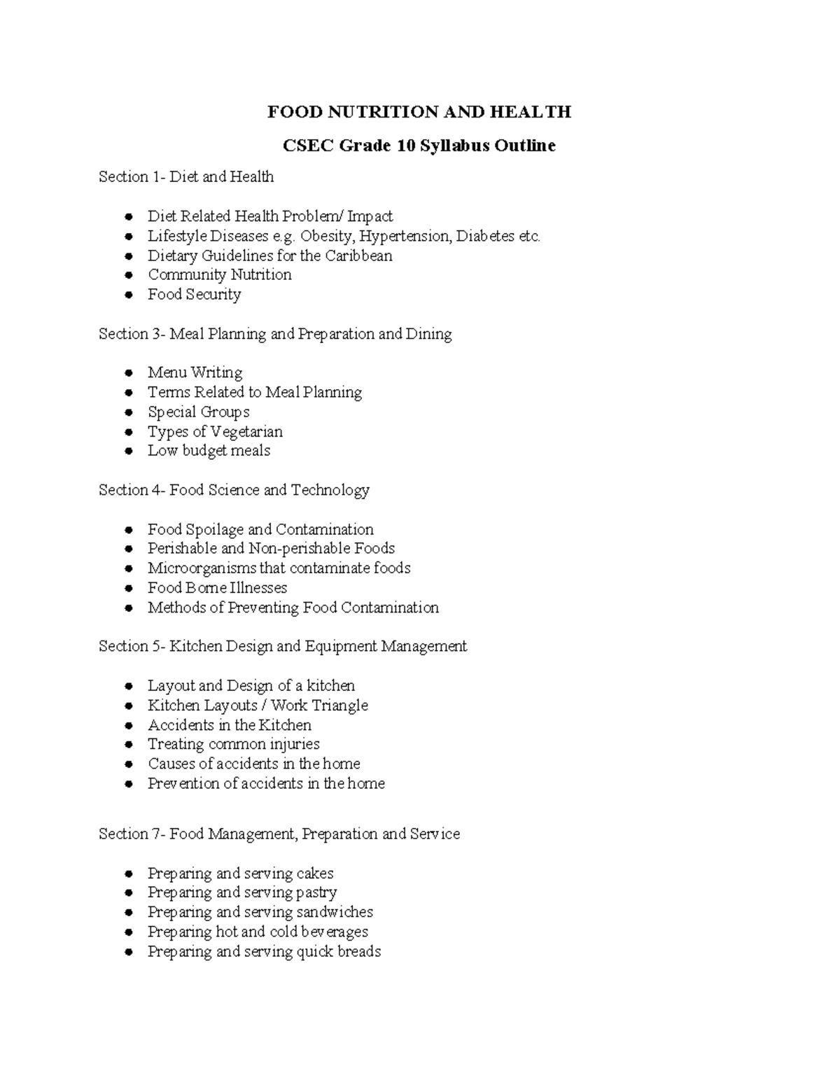CSEC Food & Nutrition Health Curriculum Guide for Grades 10-11 - Studocu