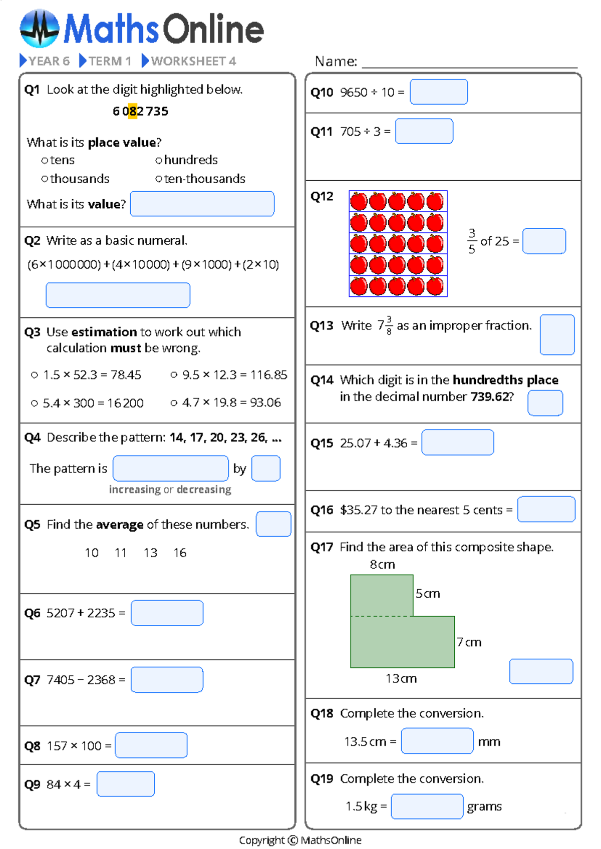 MathsOnline YEAR 6 TERM 1 WORKSHEET 4 - Week 4 Exercises - Studocu