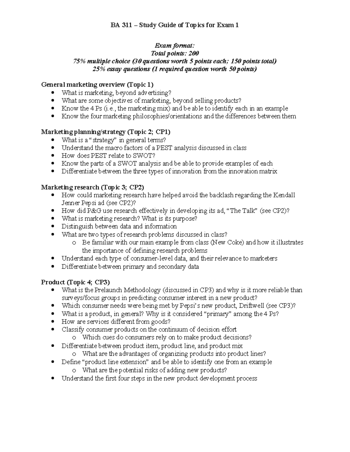 BA 311 Exam 1 Study Guide: Key Marketing Concepts and Topics - Studocu