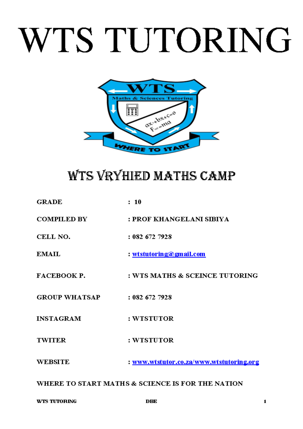 2020 WTS 10 Vryheid Maths Camp Notes and Guidelines - Studocu