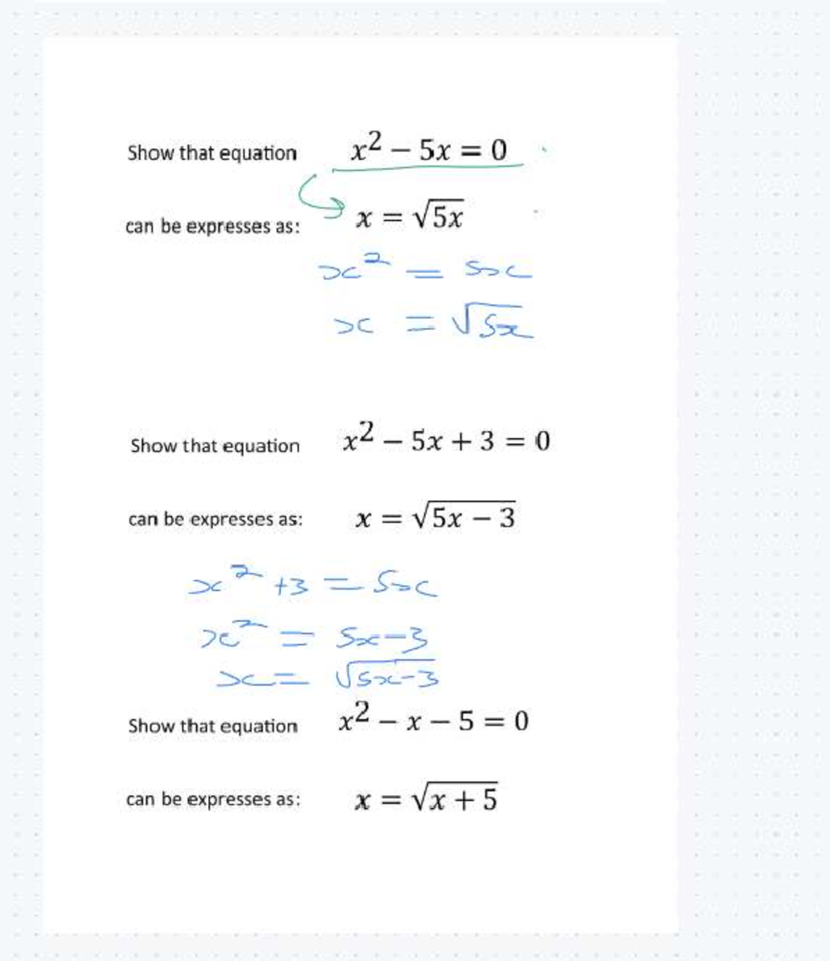 Expressing equations as surds - Show that equation x² 5x 0 can be ...