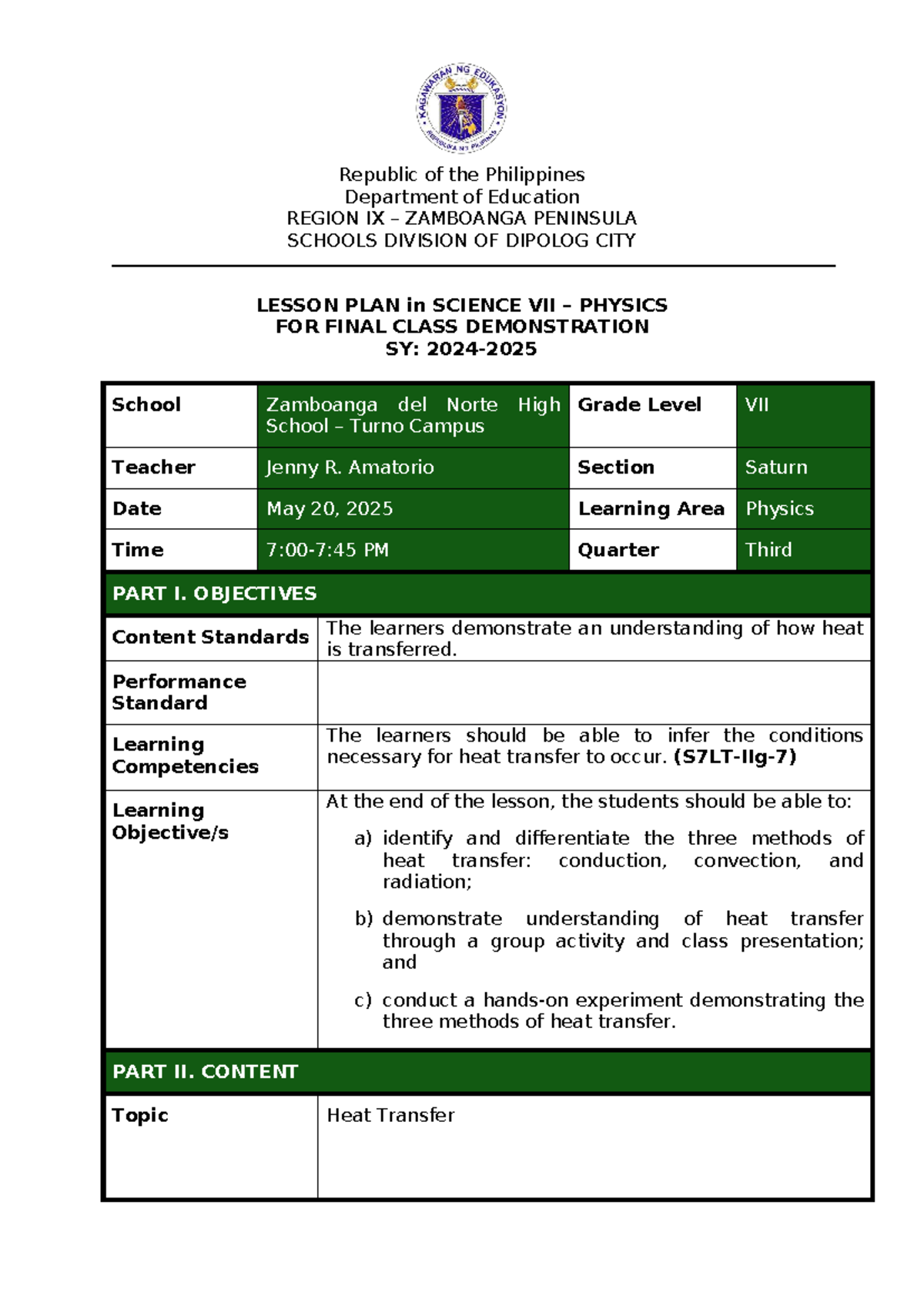 DLP SCIENCE VII: Heat Transfer Lesson Plan by Jenny R. Amatorio - Studocu