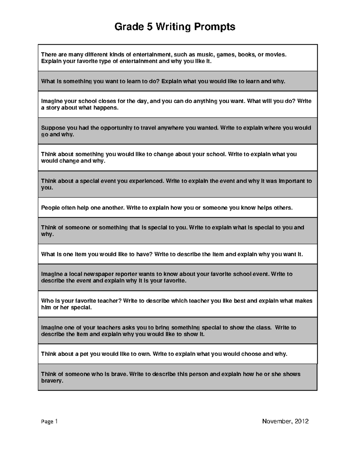 Writing prompts - English - Grade 5 Writing Prompts Page 1 November ...