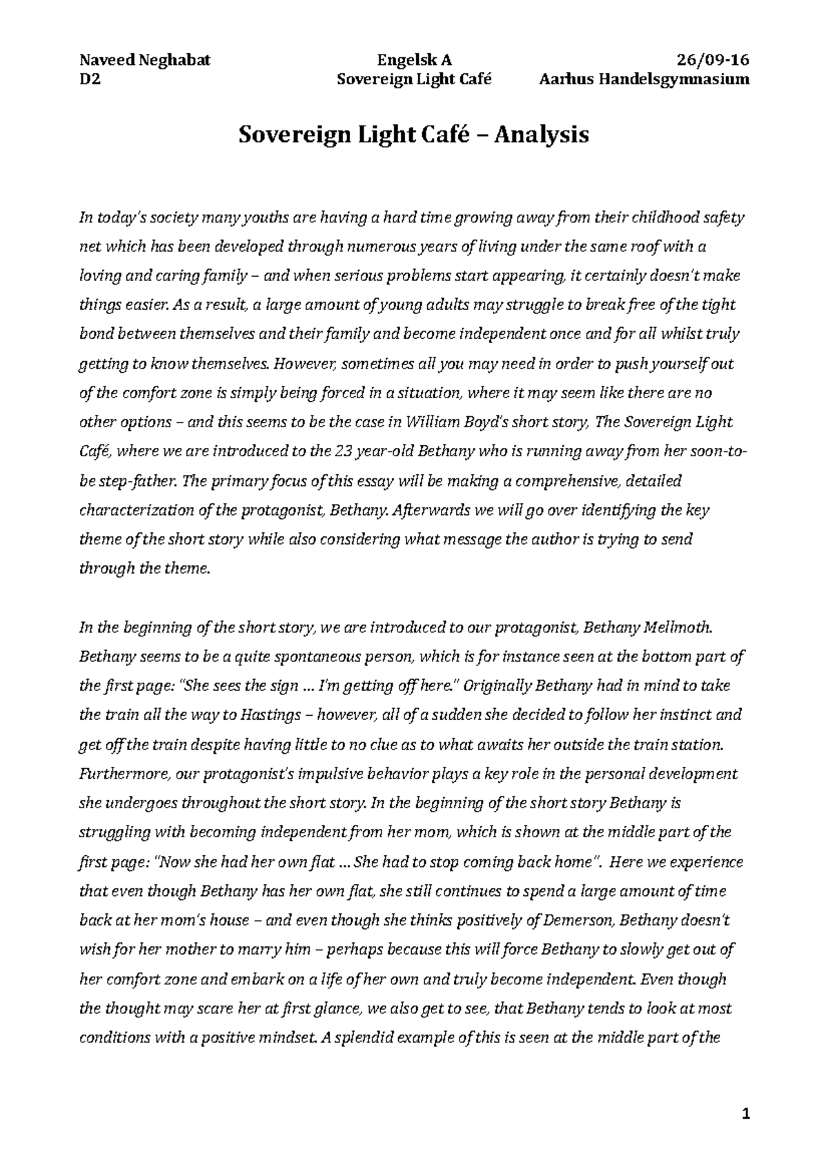 Engelsk A: Sovereign Light Café – Character Analysis of Bethany - Studocu