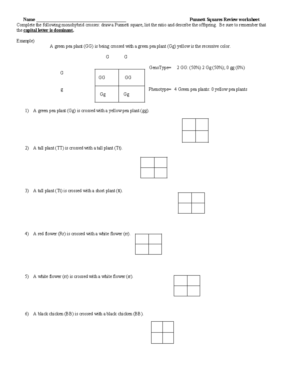 Punnett Squares Review Worksheet: Monohybrid Crosses Analysis - Studocu