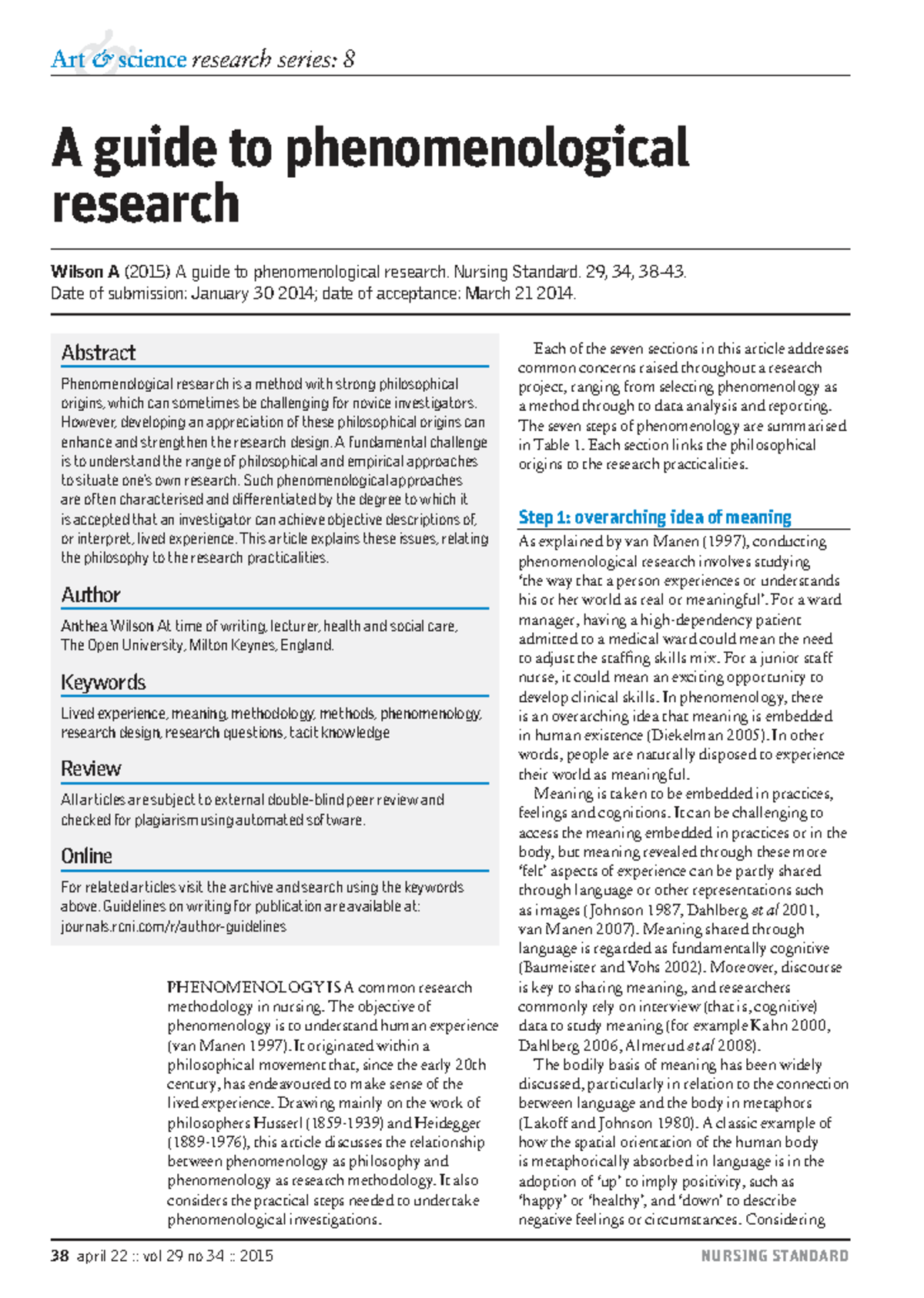 NURS 29: A Guide to Phenomenological Research Methodology - Studocu