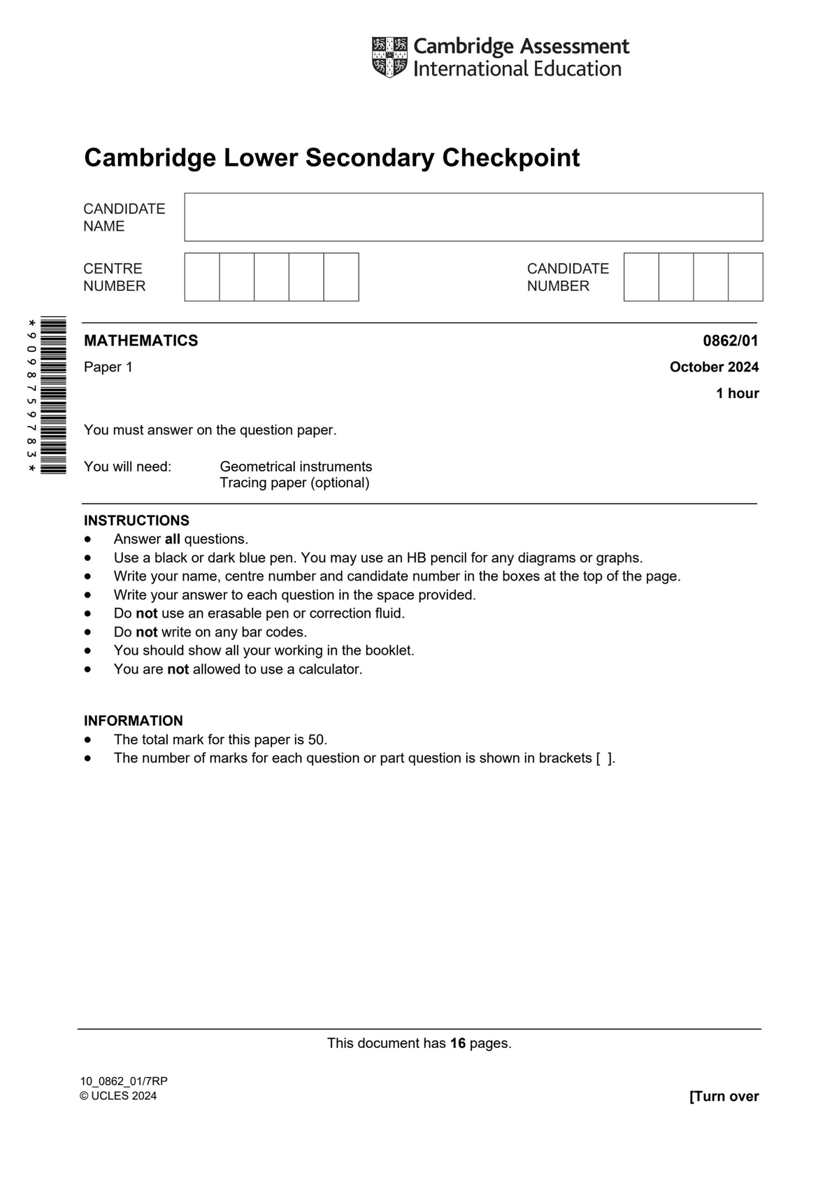 Cambridge Lower Secondary Checkpoint Math Paper 1 (833060975) - Oct ...