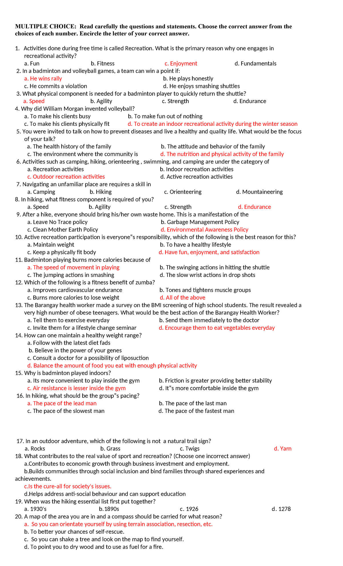 P.E. 12 4TH Quarter Exam Questions & Answers with Key Insights - Studocu